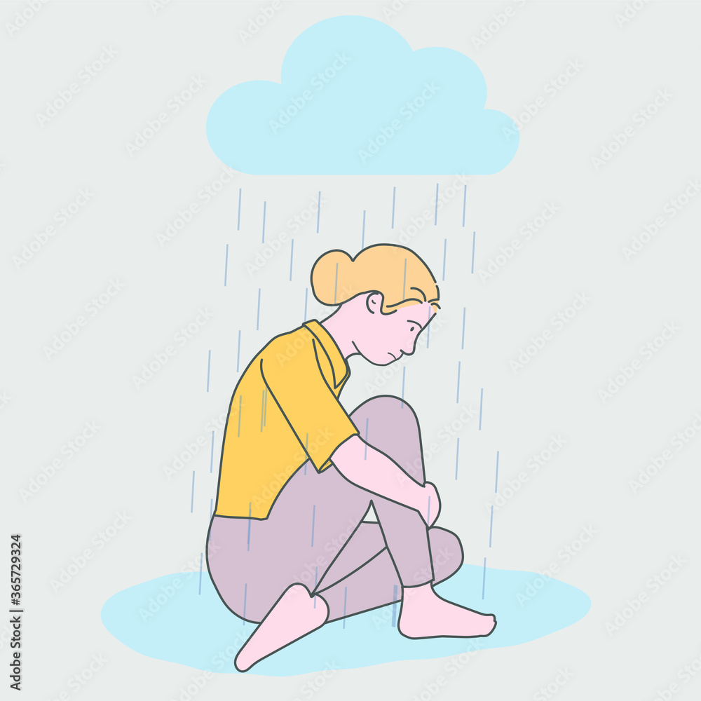 Sad girl character in the rain. Symbolizes bad weather, rain, autumn ...
