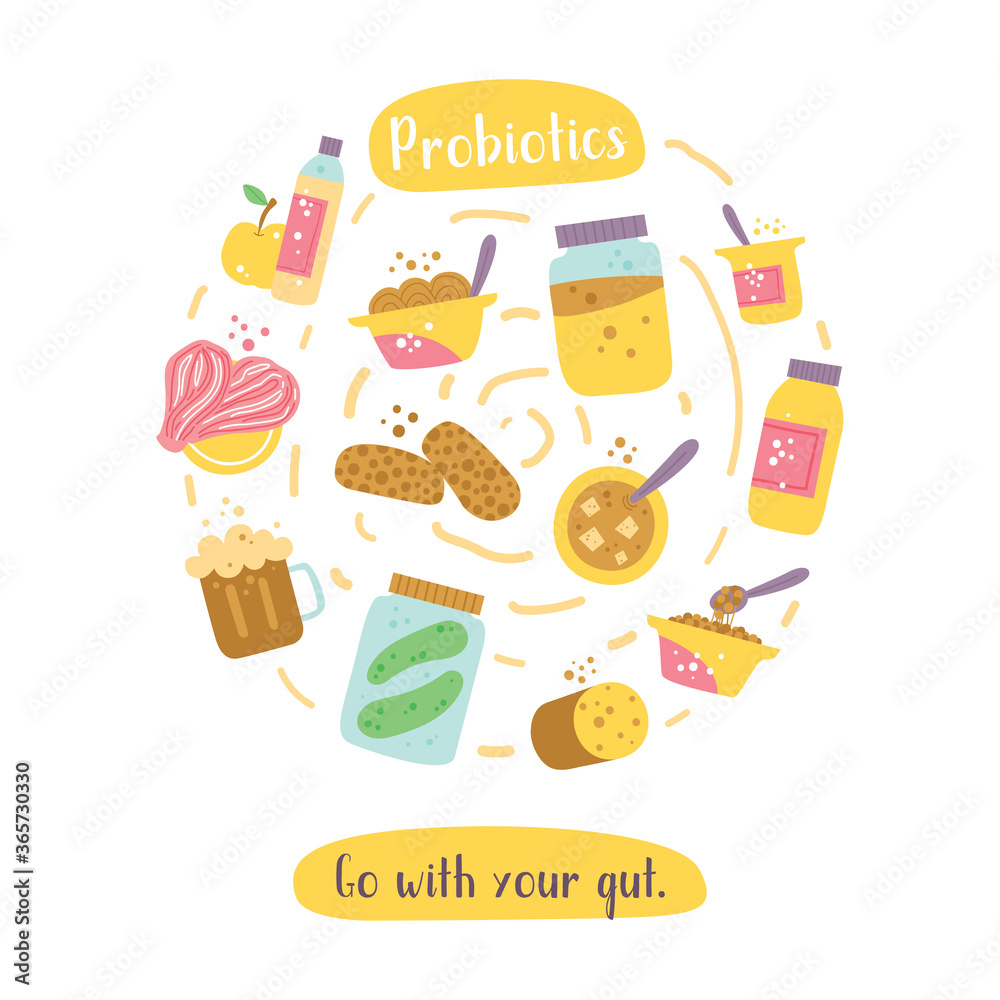 Probiotic foods infographic hand drawn illustration in circle shape ...