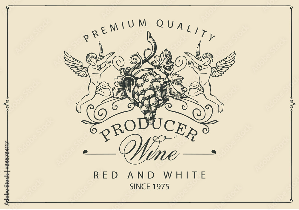 Wine label with a bunch of grapes, angels and calligraphic inscription ...