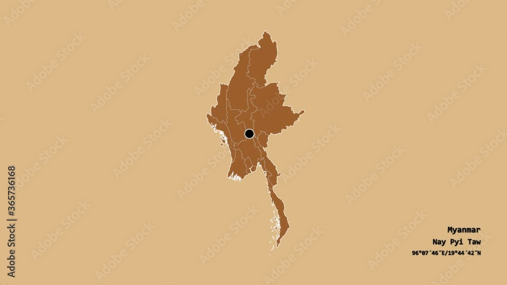 Yangon, division of Myanmar, with its capital, localized, outlined and ...