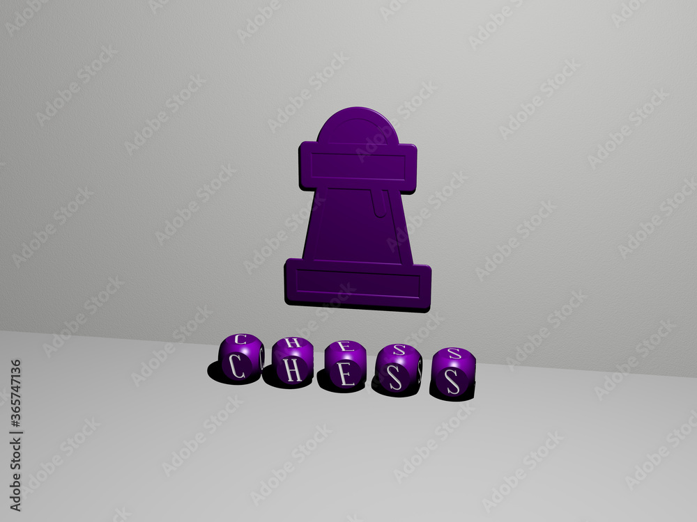 3D illustration of chess graphics and text made by metallic dice ...