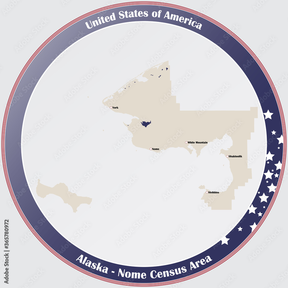 Round button with detailed map of Nome Census Area in Alaska, USA ...