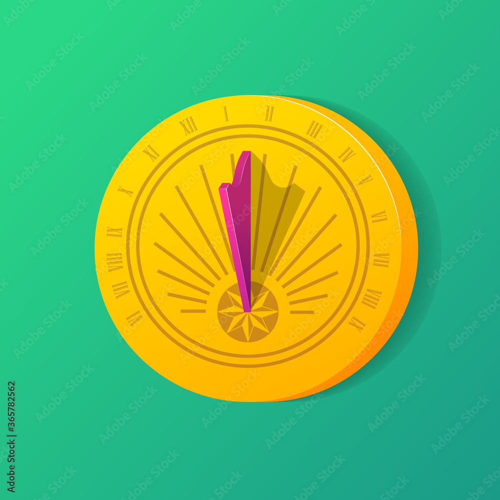 Golden solar dial with shadow. Ancient sundial clock with roman numbers ...