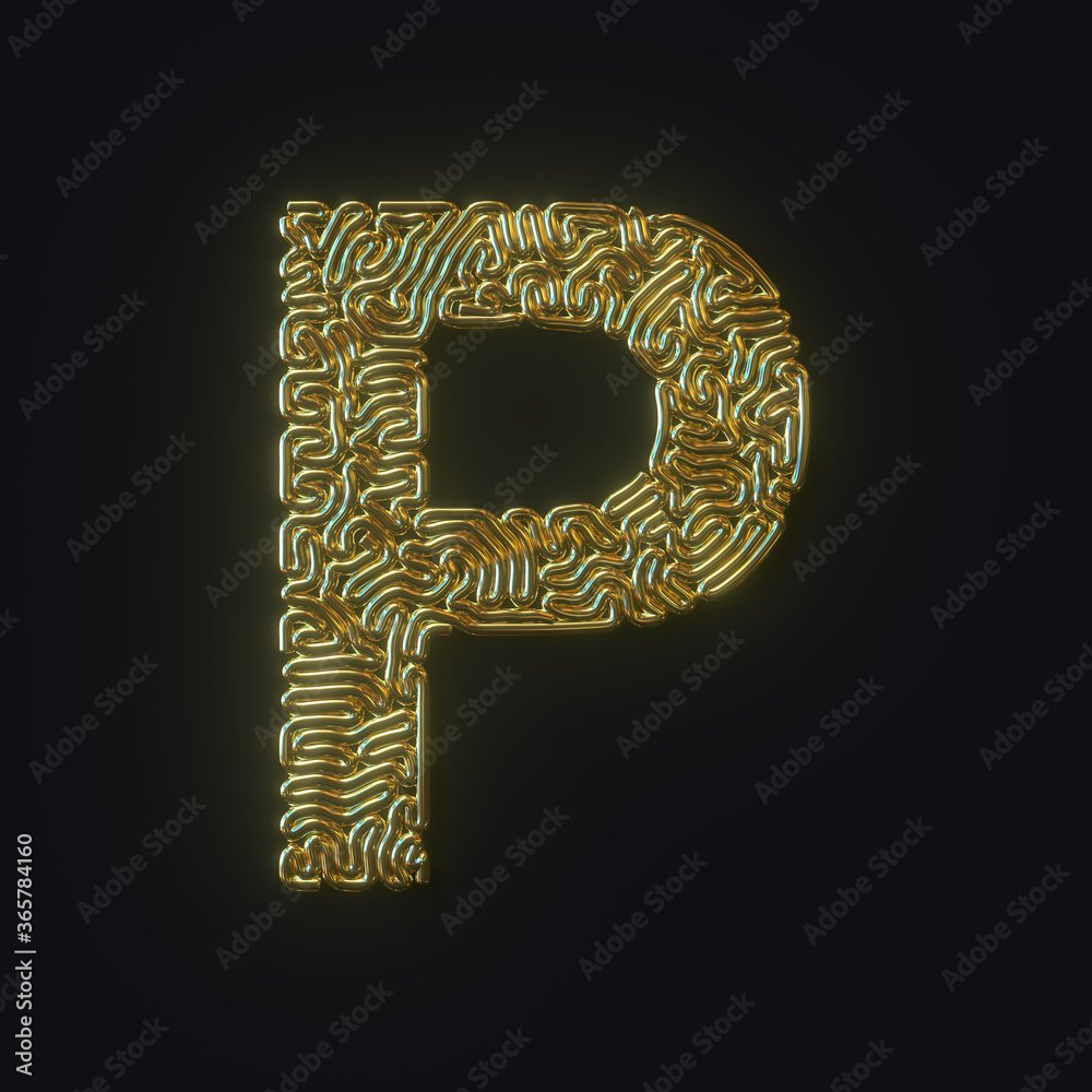 High resolution letter P symbol formed of gold bent wire. 3D rendering ...