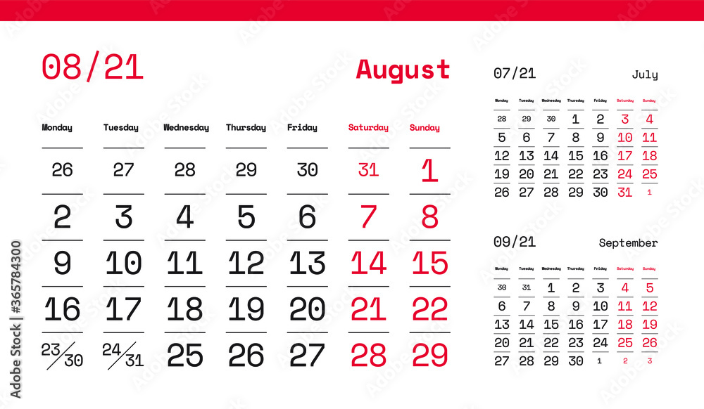 AUGUST PAGE. 12 Months Premium 2021 Calendar Grid Set. The 2021 Year ...