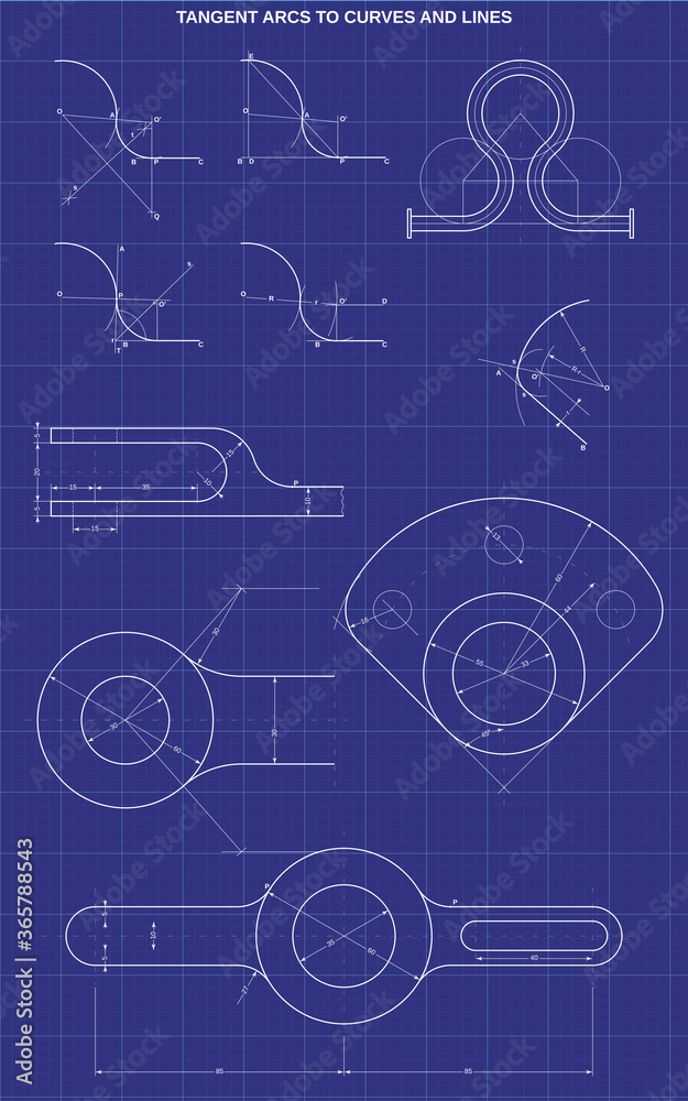 tangent arcs to curves and lines on technic background Stock Vector ...
