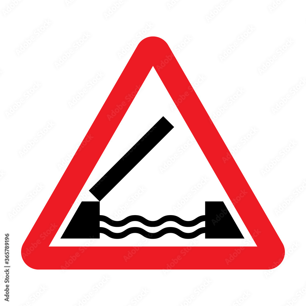 Opening, lifting or swing bridge ahead traffic sign. Red triangle ...