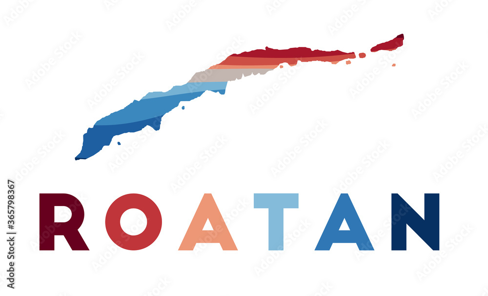 Roatan map. Map of the island with beautiful geometric waves in red ...