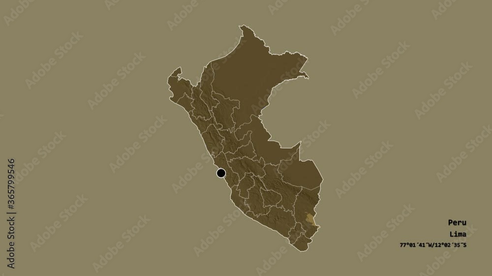 Piura, region of Peru, with its capital, localized, outlined and zoomed ...