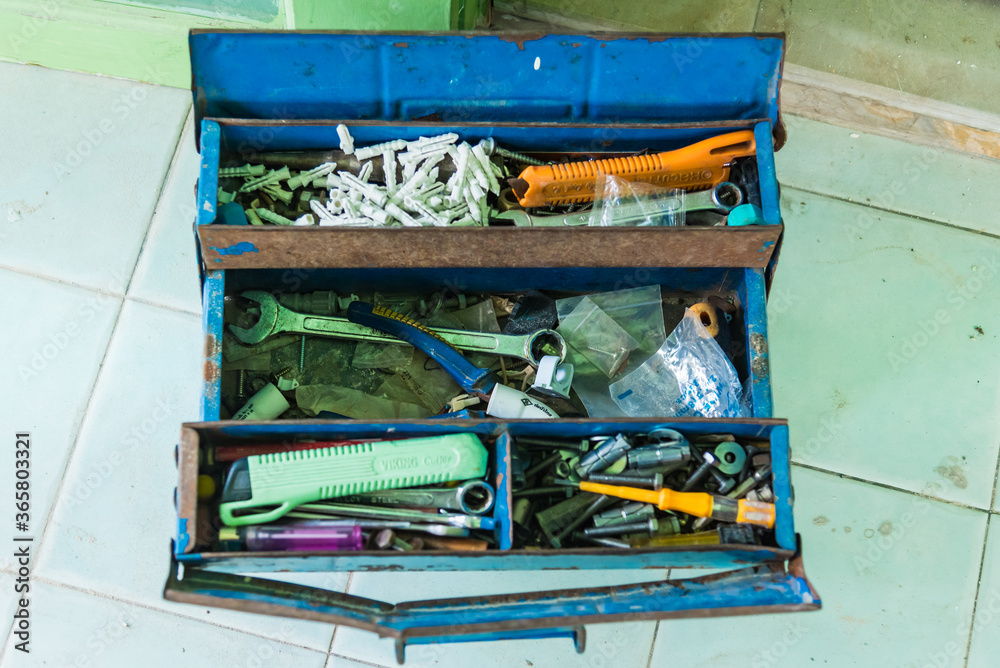 Bangkok, Thailand - June, 22, 2020 : Building site closeup of toolbox ...