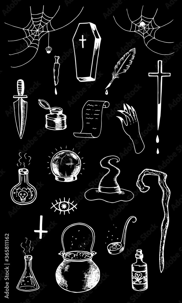 A set of magical white witch items. Cauldron coffin hat staff flasks ...