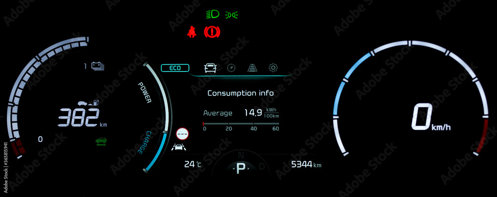 Illuminated car dashboard panel in full electric vehicle. Modern ...