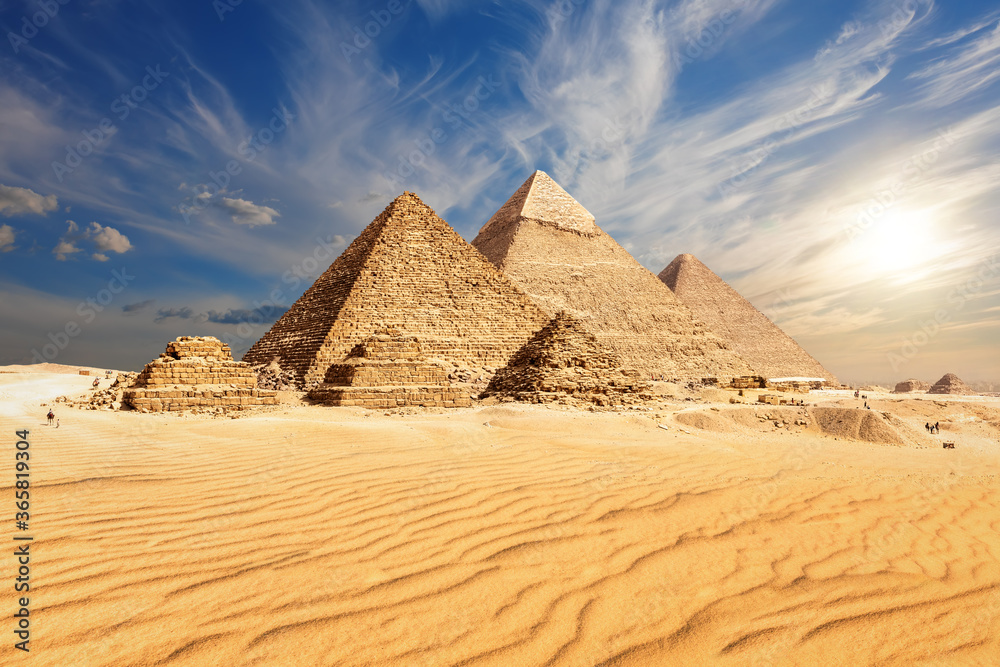 Great Pyramids of Egypt, wonderful desert sky view, Giza Stock Photo ...