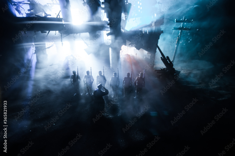 War Concept. Military silhouettes fighting scene on war fog sky ...