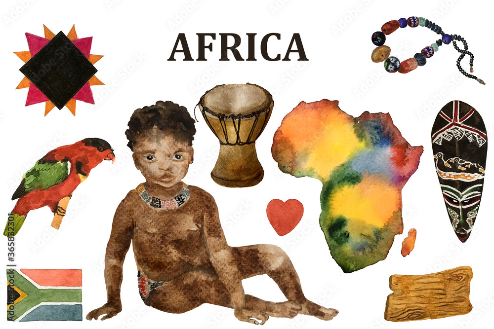 Symbols of Africa set of isolated watercolor illustrations. African ...