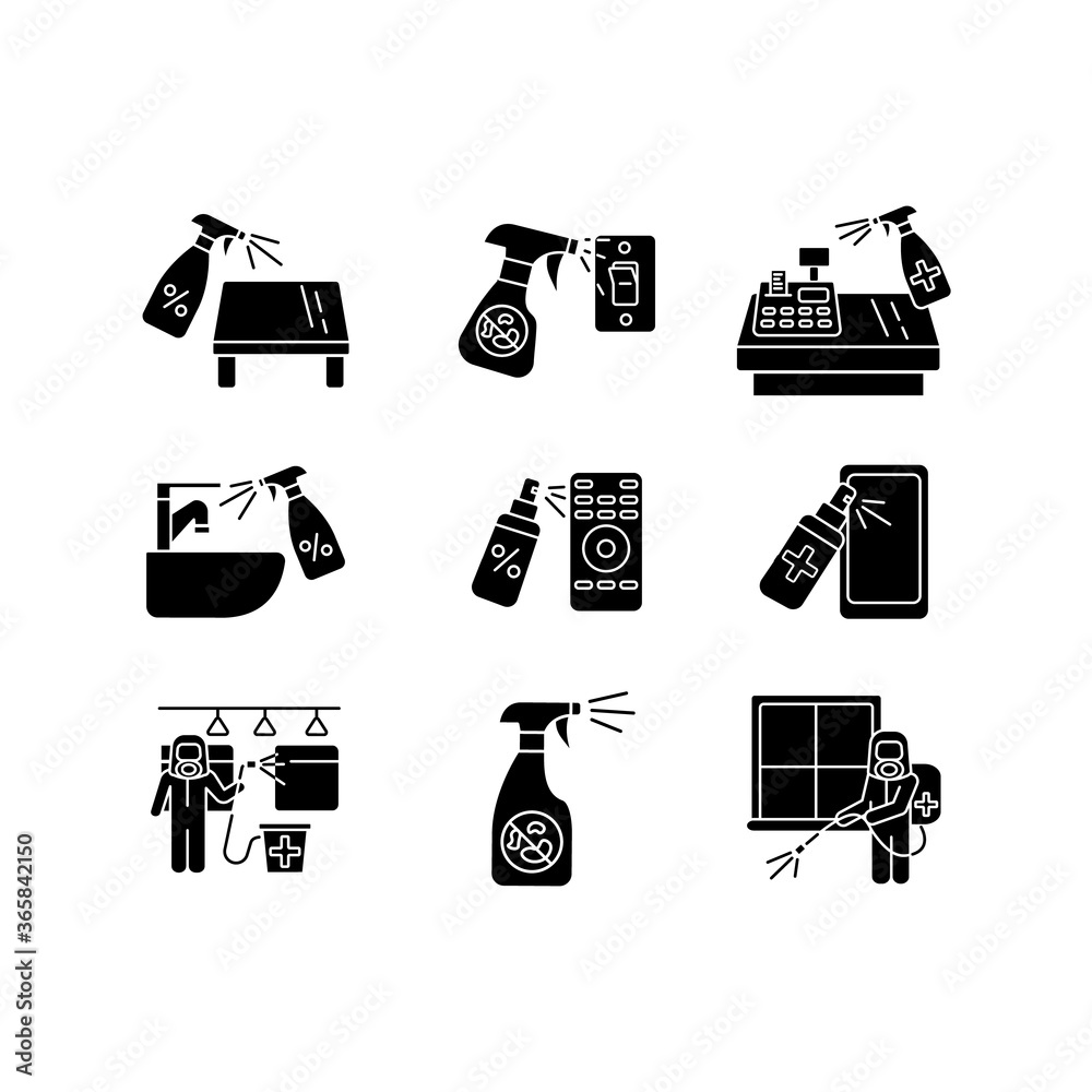 Decontamination black glyph icons set on white space. Professional ...