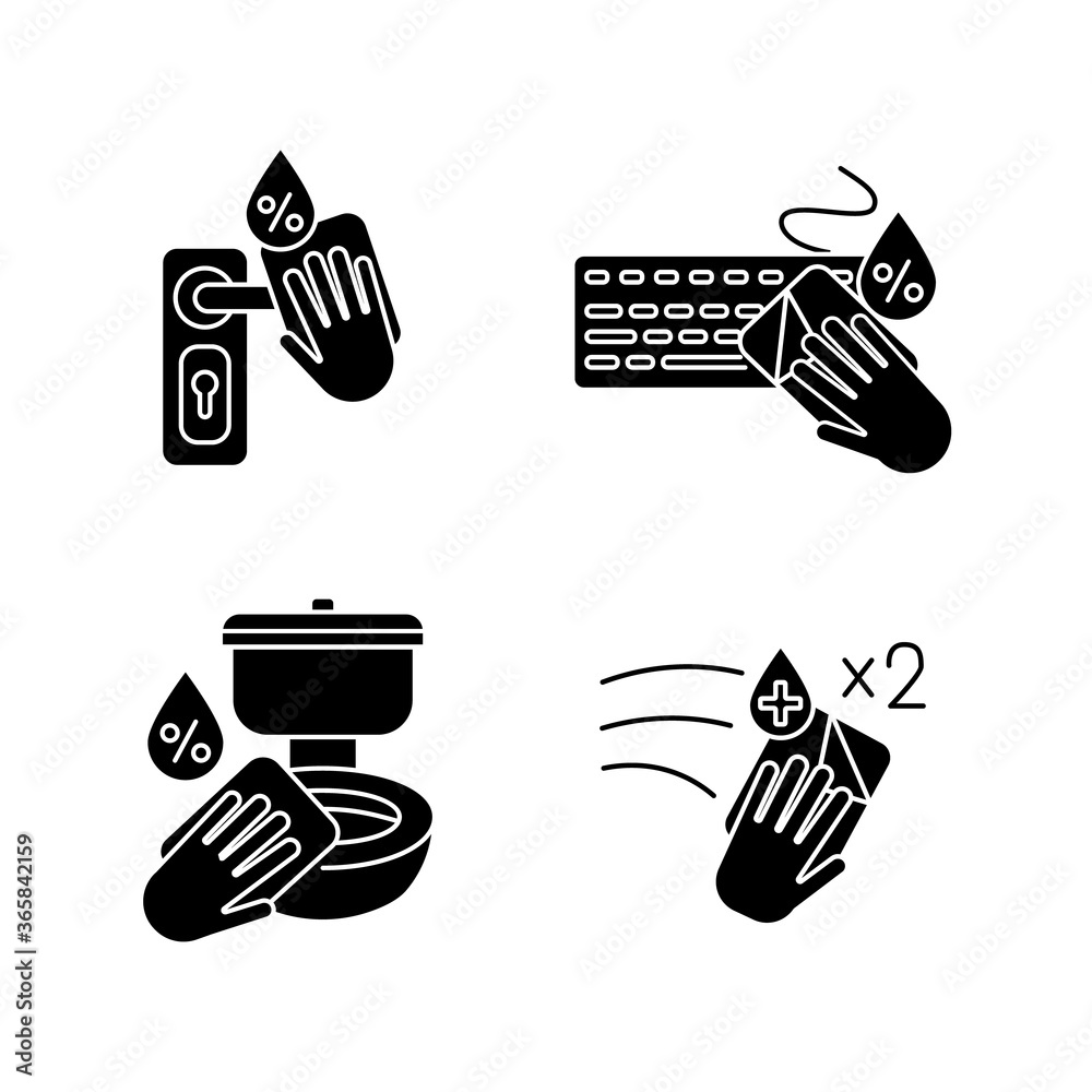 Surface cleaning black glyph icons set on white space. Door knob ...
