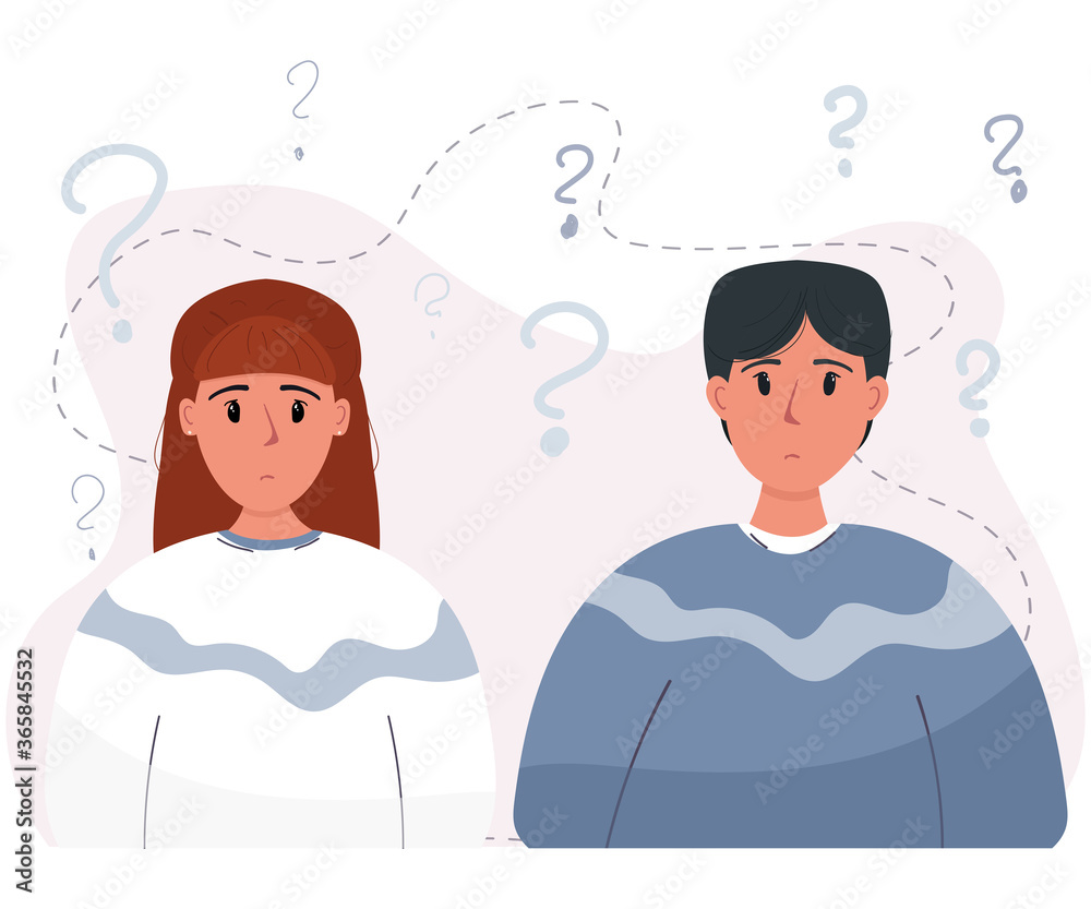 Young troubled couple thinking together. Man and woman have a question ...