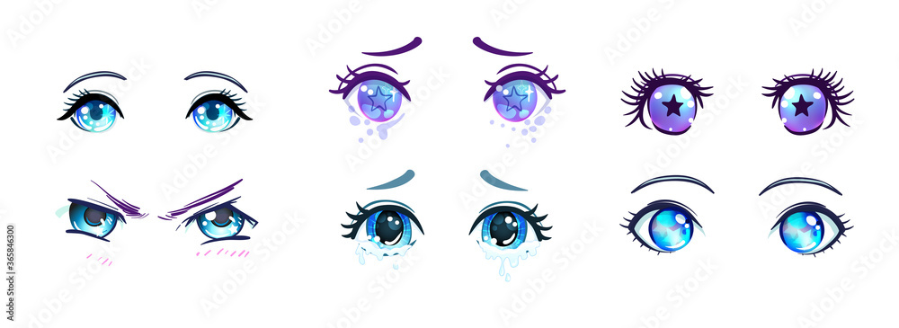 Colorful beautiful eyes in anime, manga style with shiny light ...