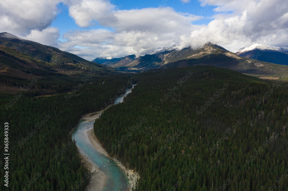 Aerial landscape over the Canadian Rocky Mountains in Yoho National in ...