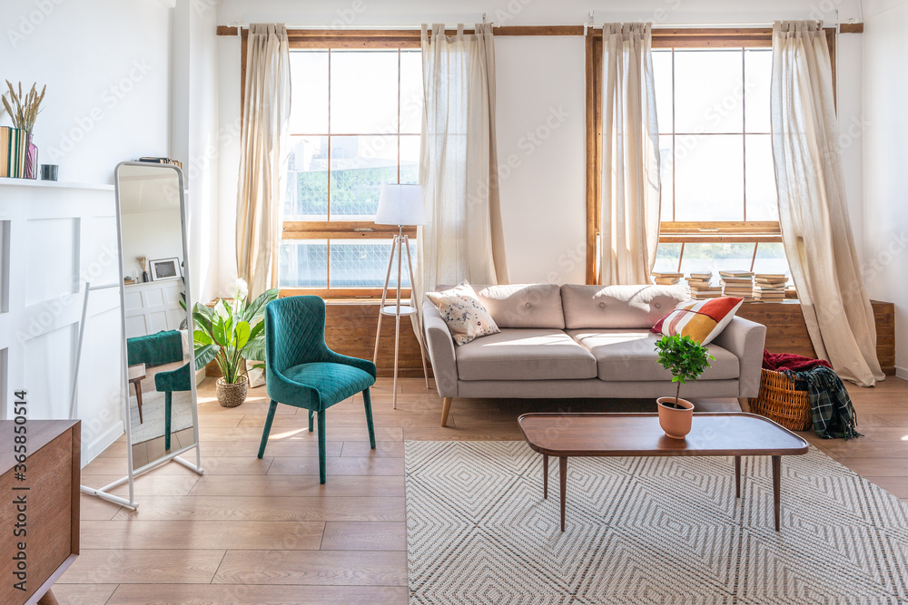 Vintage studio apartment interior in light colors in old style. huge ...