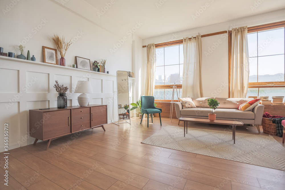 Vintage studio apartment interior in light colors in old style. huge ...