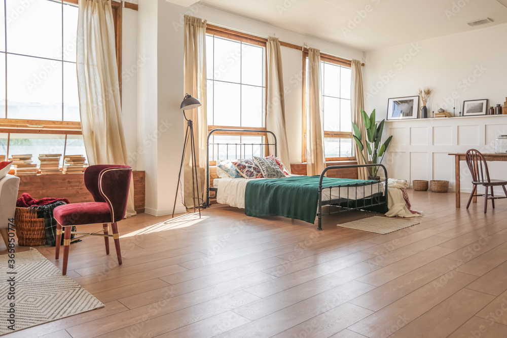 Vintage studio apartment interior in light colors in old style. huge ...