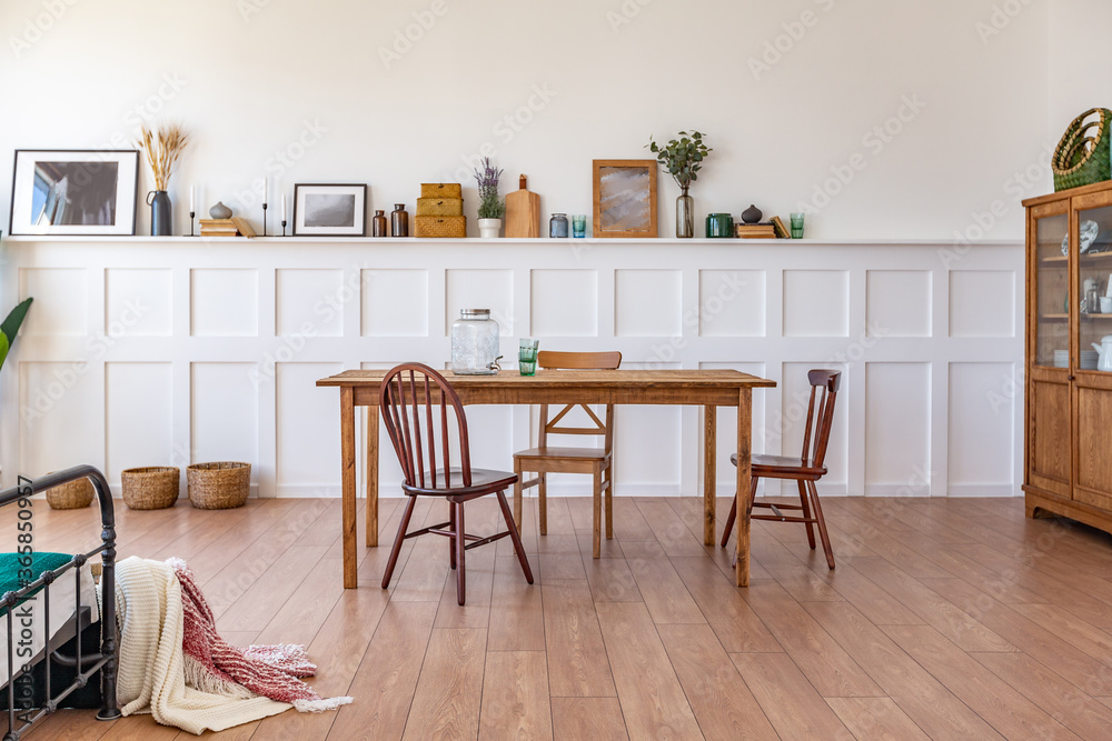 Vintage studio apartment interior in light colors in old style. huge ...