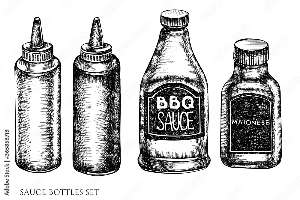Vector set of hand drawn black and white sauce bottles Stock Vector ...