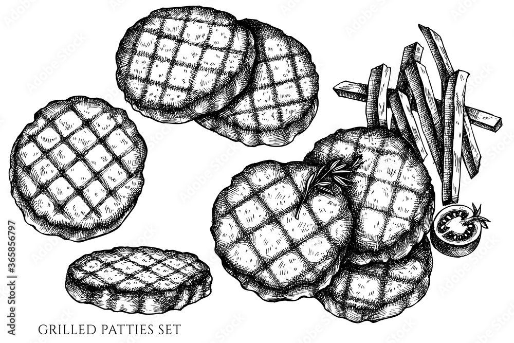 Vector set of hand drawn black and white grilled burger patties Stock ...