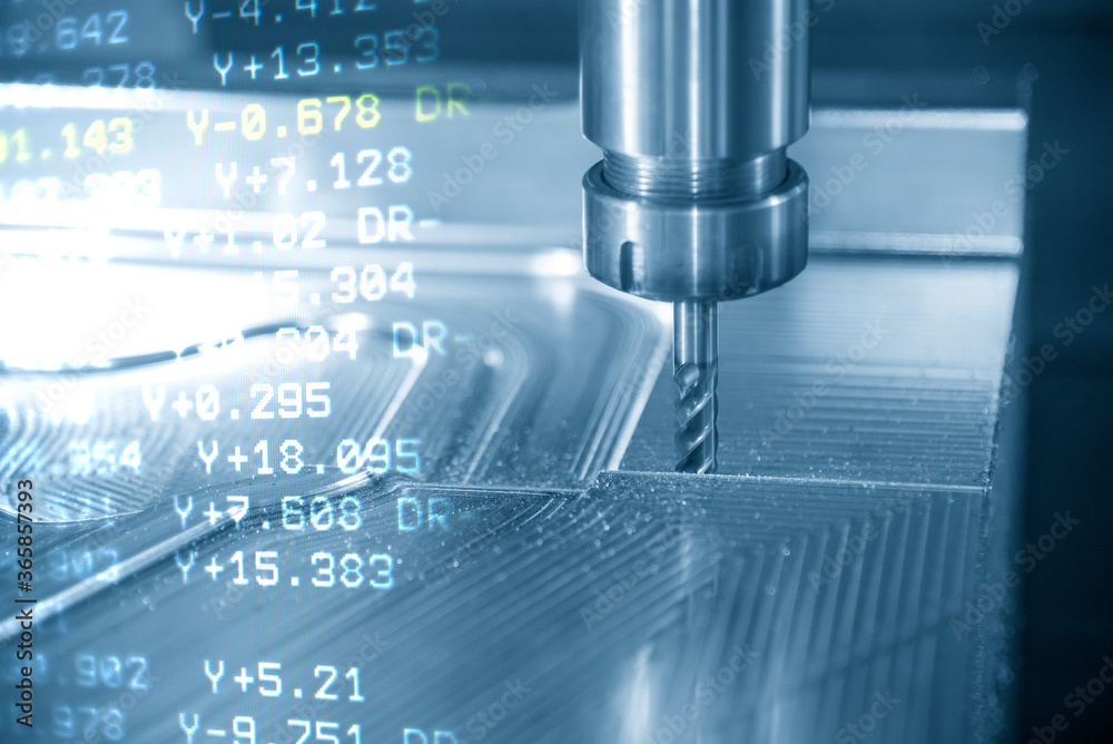 The abstract scene of CNC milling machine and the G-code data ...