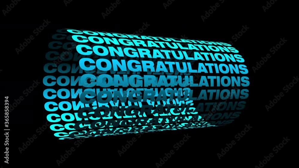 CONGRATULATIONS light blue 3D text cylinder motion animation on black ...
