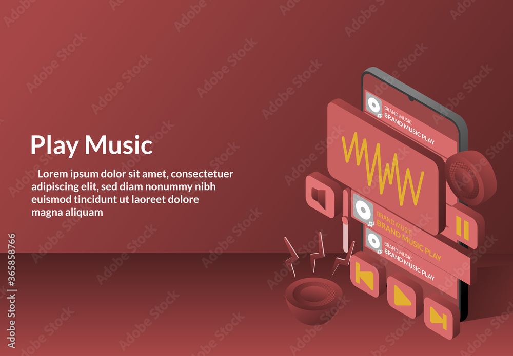 Website landing page Isometric design - music play button on, speaker ...
