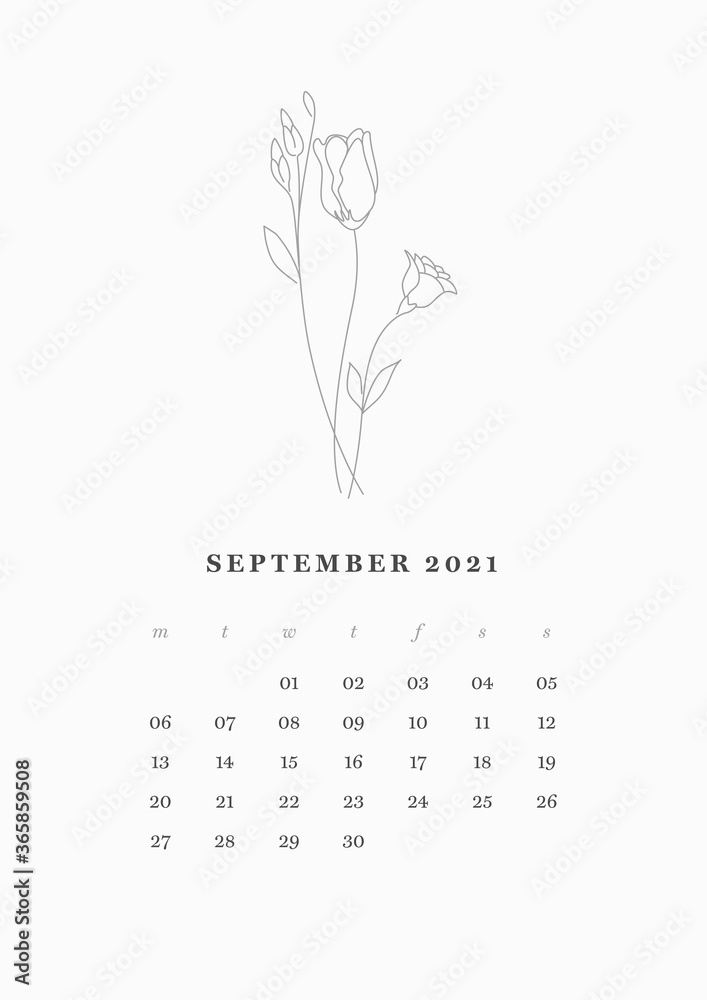 09 of 13 - SEPTEMBER Month, Flowers Line Art Calendar 2021 Year. Floral ...