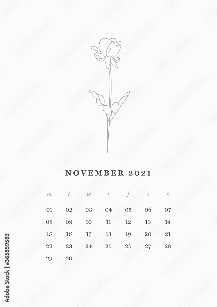 11 of 13 - NOVEMBER Month, Flowers Line Art Calendar 2021 Year. Floral ...