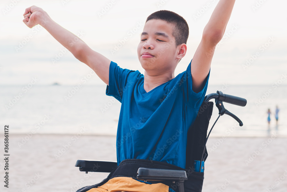 Asian special child on wheelchair smiling happily on the beach,Seaside ...
