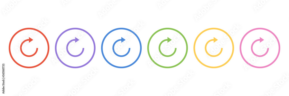 Reboot sign icon set. Colored circle vector arrows pictogram refresh ...
