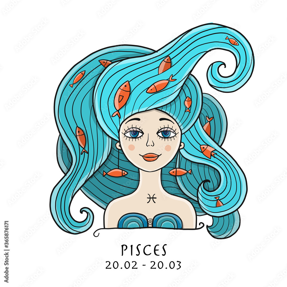 Illustration of Pisces zodiac sign. Element of Water. Beautiful Girl ...
