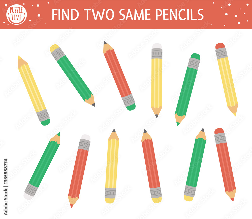 Find two same pencils. Back to school matching activity for children ...