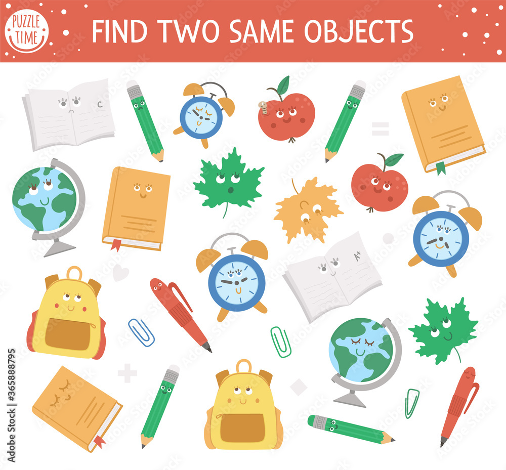 Find two same kawaii school objects. Back to school matching activity ...