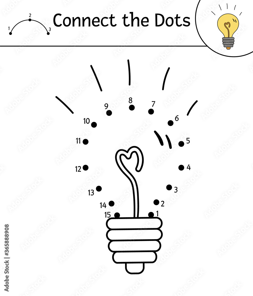 Vector dot-to-dot and color activity with cute light bulb. Back to ...