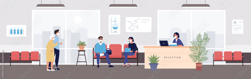 Old people visit hospital reception vector illustration. Cartoon flat ...