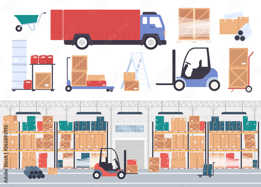 Warehouse stockroom vector illustration. Cartoon flat warehousing ...