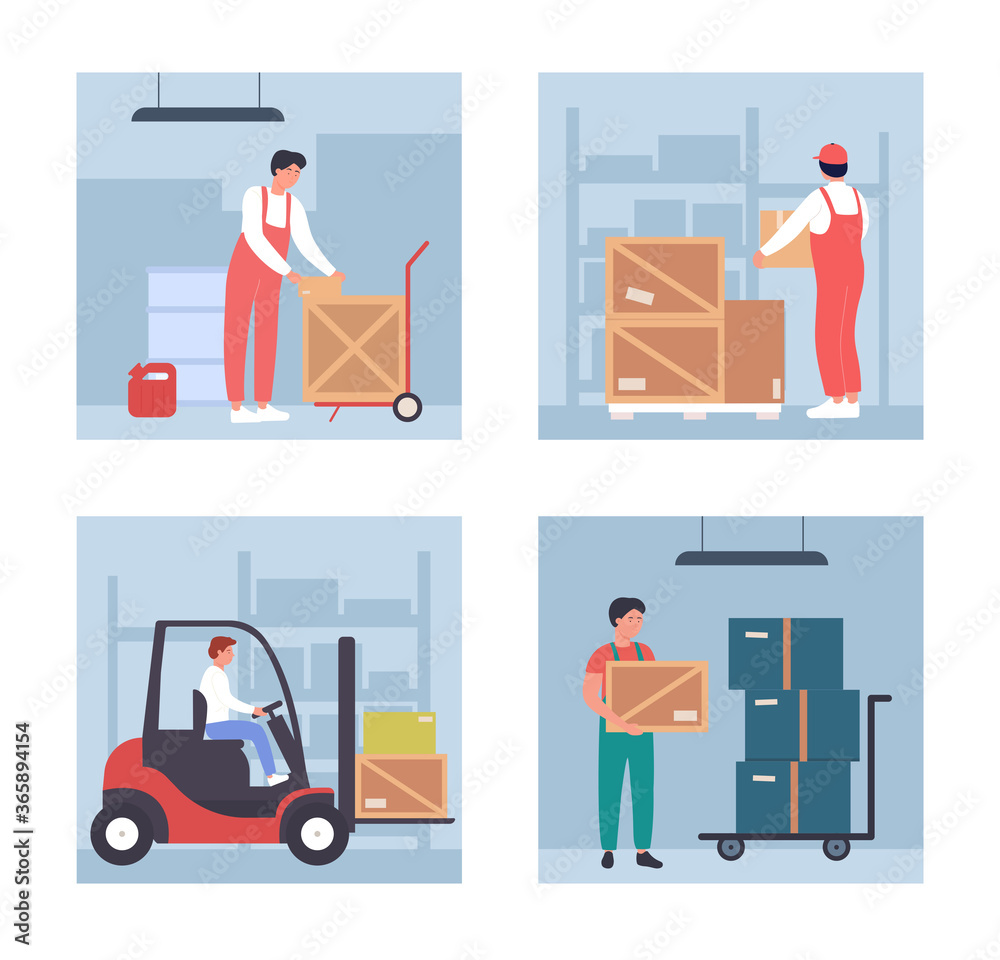 Warehouse loader work vector illustration set. Cartoon flat worker ...