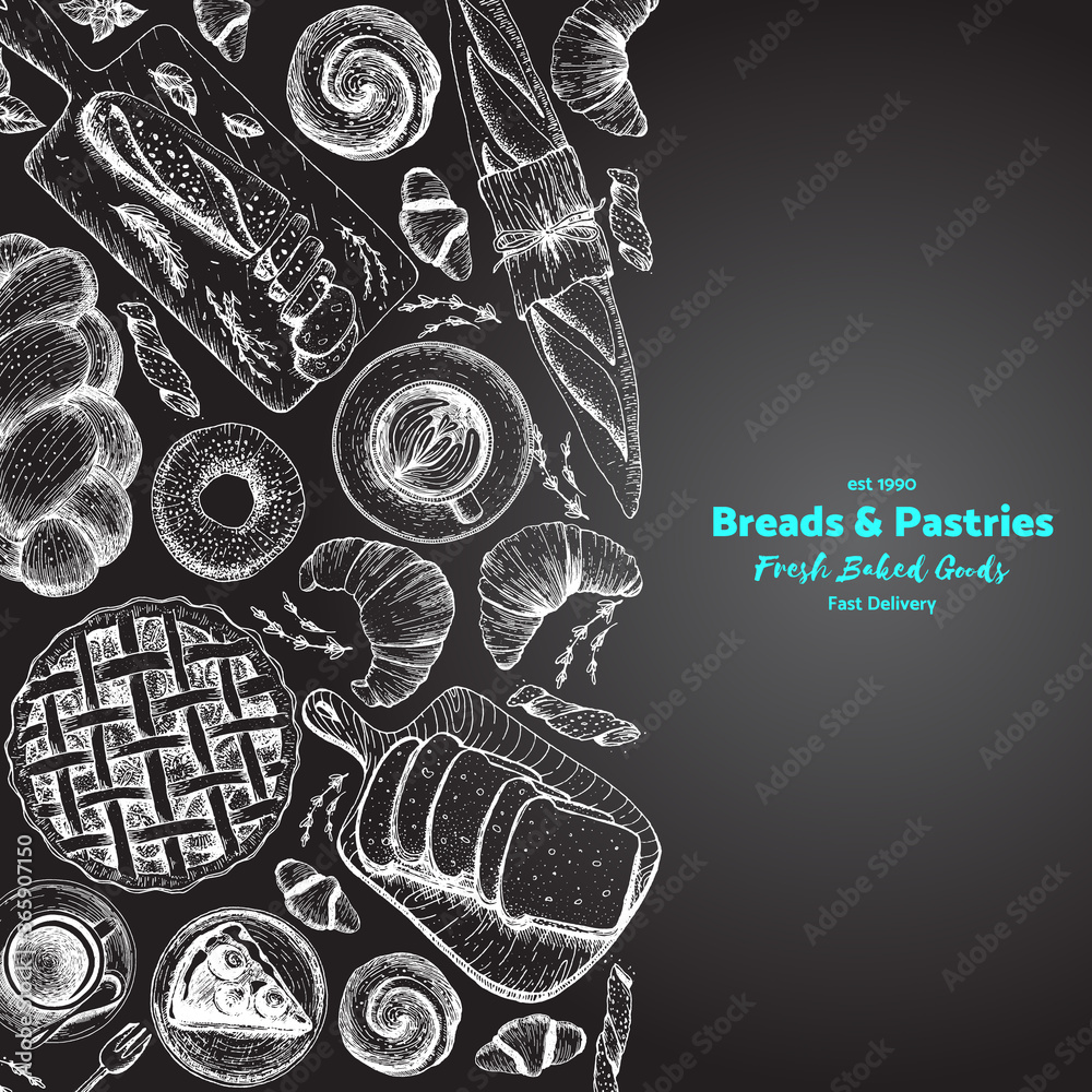 Bakery background. Bakery top view frame. Hand drawn sketch with bread ...