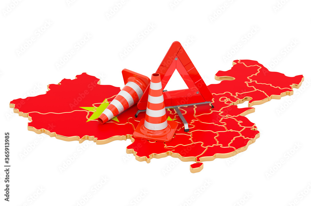 Chinese map with traffic cones and warning triangle, 3D rendering Stock ...