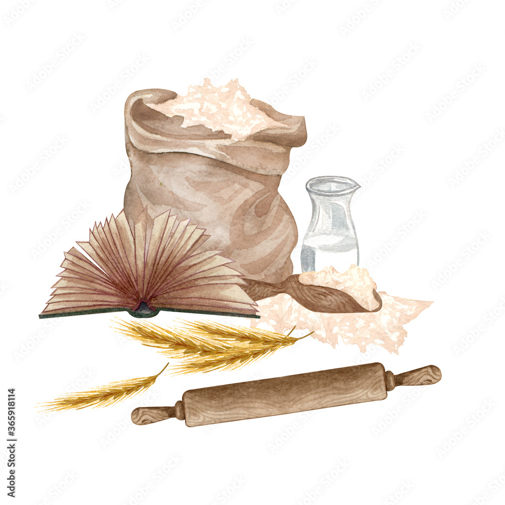 Baking watercolor illustration with kitchen utensils, milk, open book ...