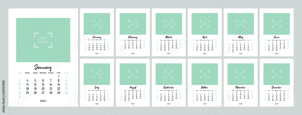 Wall calendar template for 2021 year. Set of 12 months. 2021. Week ...