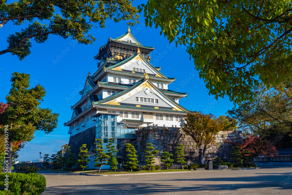 Japan. Osaka. the Osaka castle. White castle with green roofs. Samurai ...