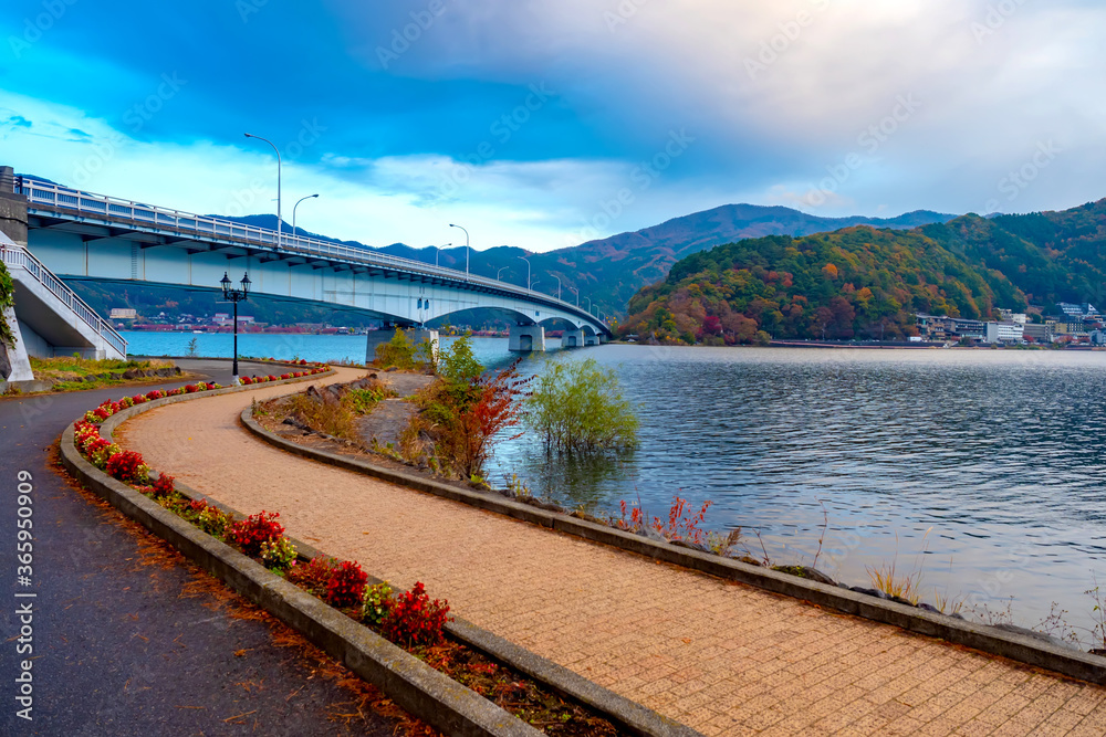 Japan. Bridge over lake Kawaguchi. Yamanashi Prefecture. Lake Fuji ...